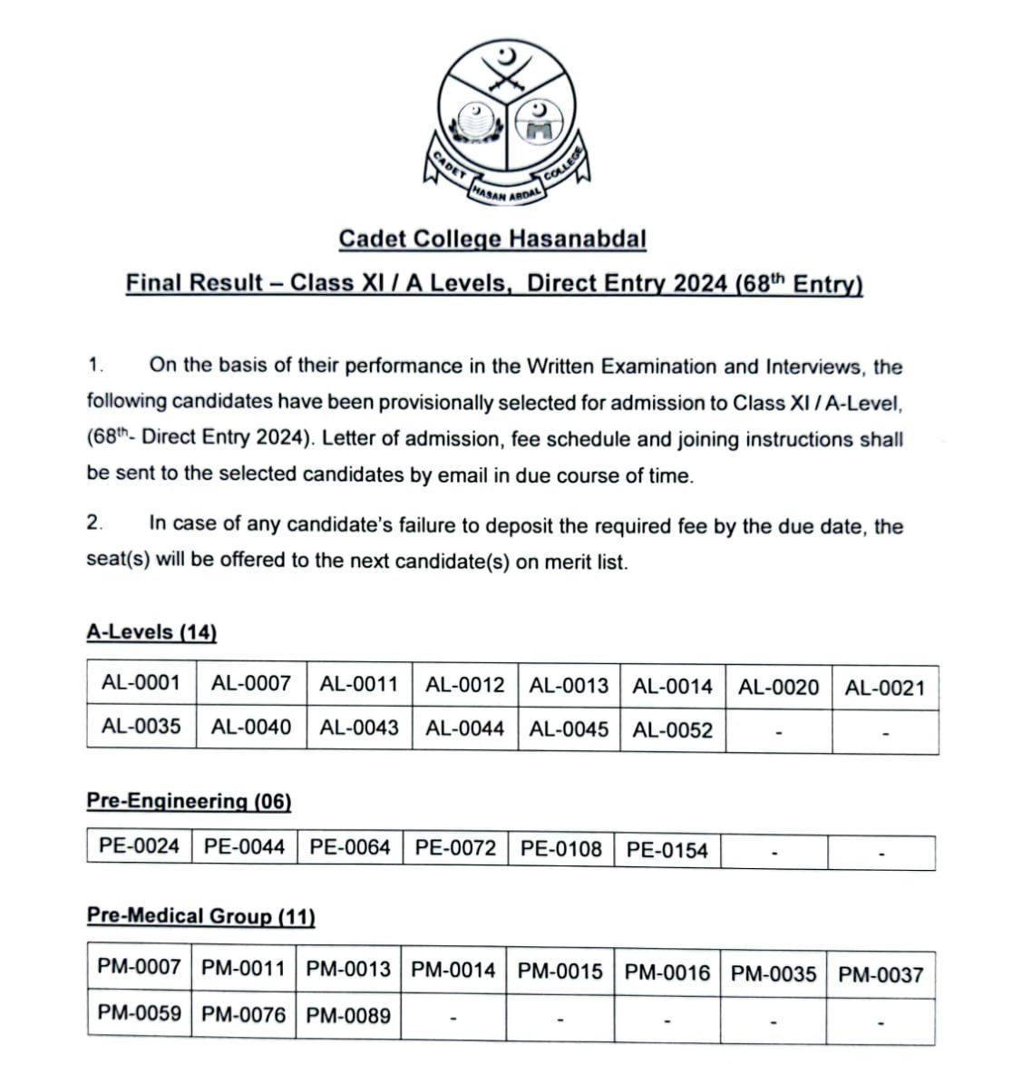 Result - Class 1st Year/A-Level 2024 (68th Entry) - CCH